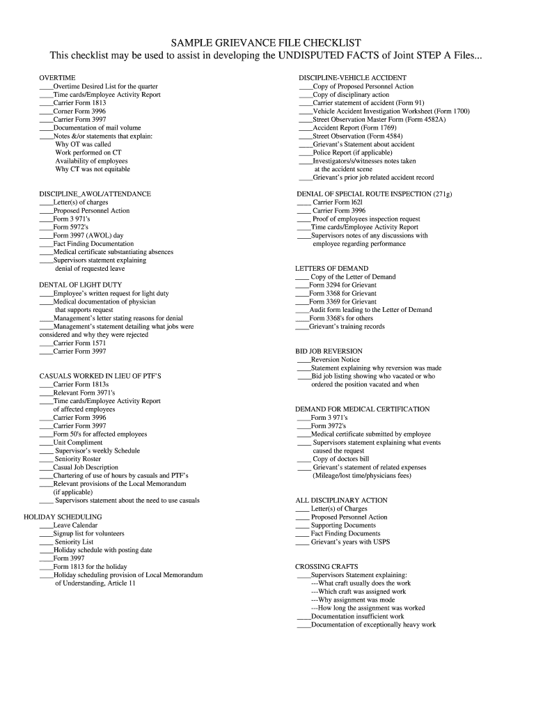 Fillable Online Sample Grievance File Checklist Fax Email Print - pdfFiller