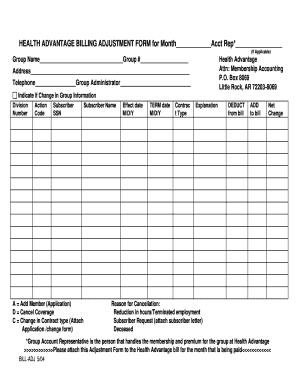 Fillable Online HEALTH ADVANTAGE BILLING ADJUSTMENT FORM for ... Fax ...