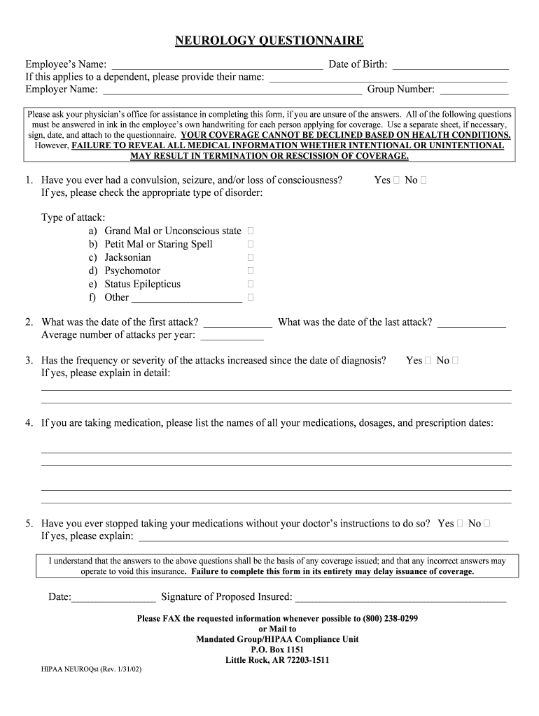 Fillable Online Neurology Questionnaire for Employee Coverage Fax Email ...