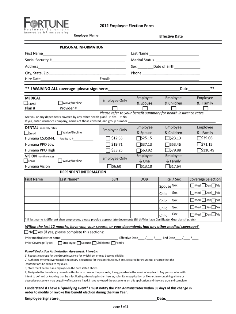 2012 Employee Election Form: Fill out & sign online | DocHub