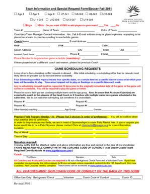 Fillable Online Revised 5/6/11 Team Information and Special Request ...