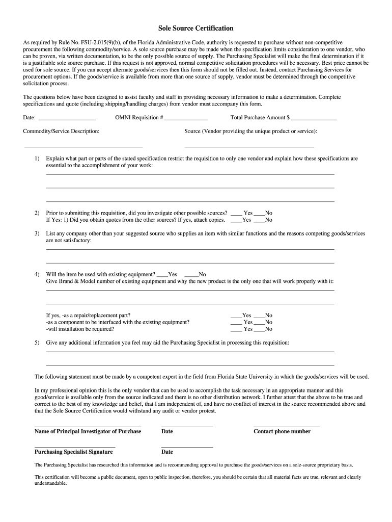 Fillable Online its fsu Sole Source Certification 40doc - its fsu Fax ...
