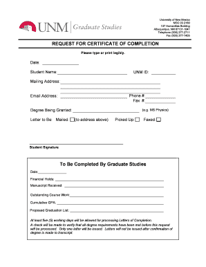 Fillable Online BCertificateb of bCompletionb Form - Graduate Studies ...