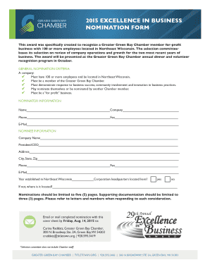 Fillable Online titletown 2015 EXCELLENCE IN BUSINESS NOMINATION FORM ...