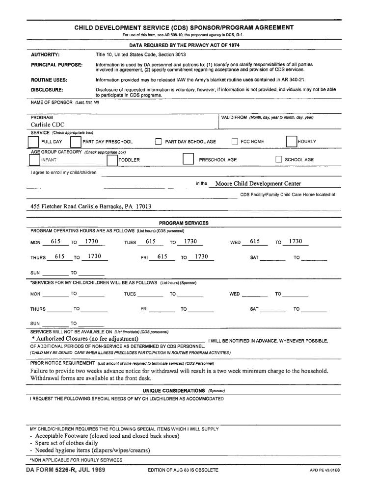 Fillable Online carlisle army Parent Central Services Registration ...