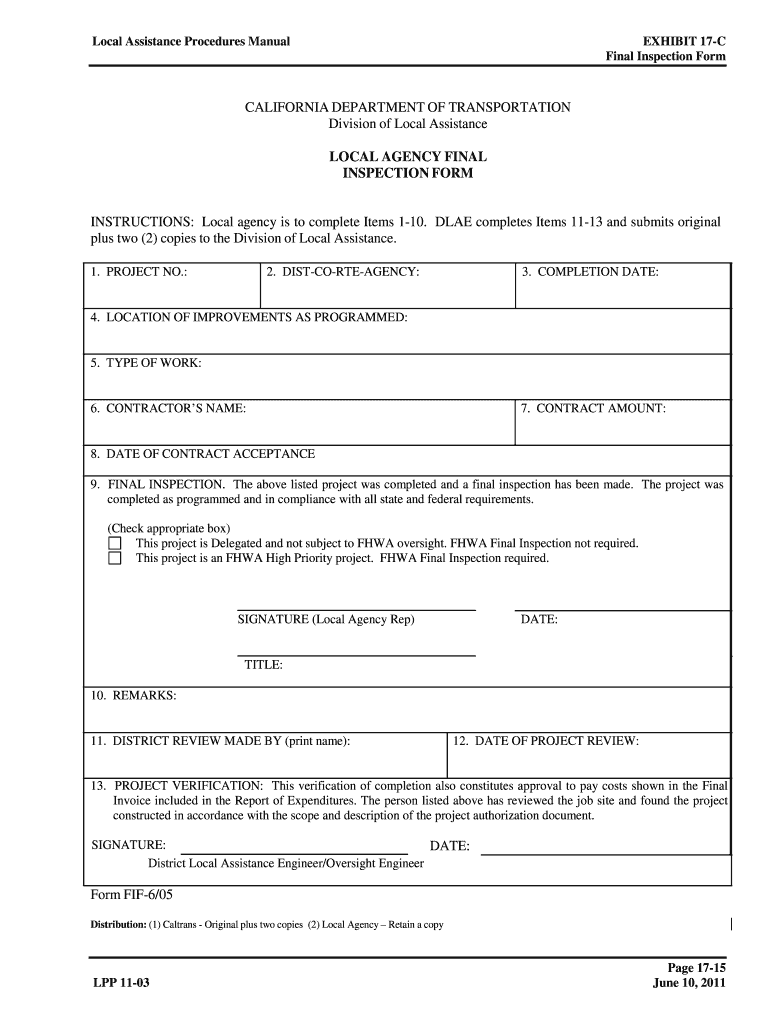 Fillable Online dot ca LOCAL AGENCY FINAL INSPECTION FORM Fax Email ...