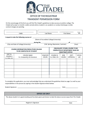 Fillable Online q1 citadel OFFICE OF THE REGISTRAR TRANSIENT PERMISSION ...