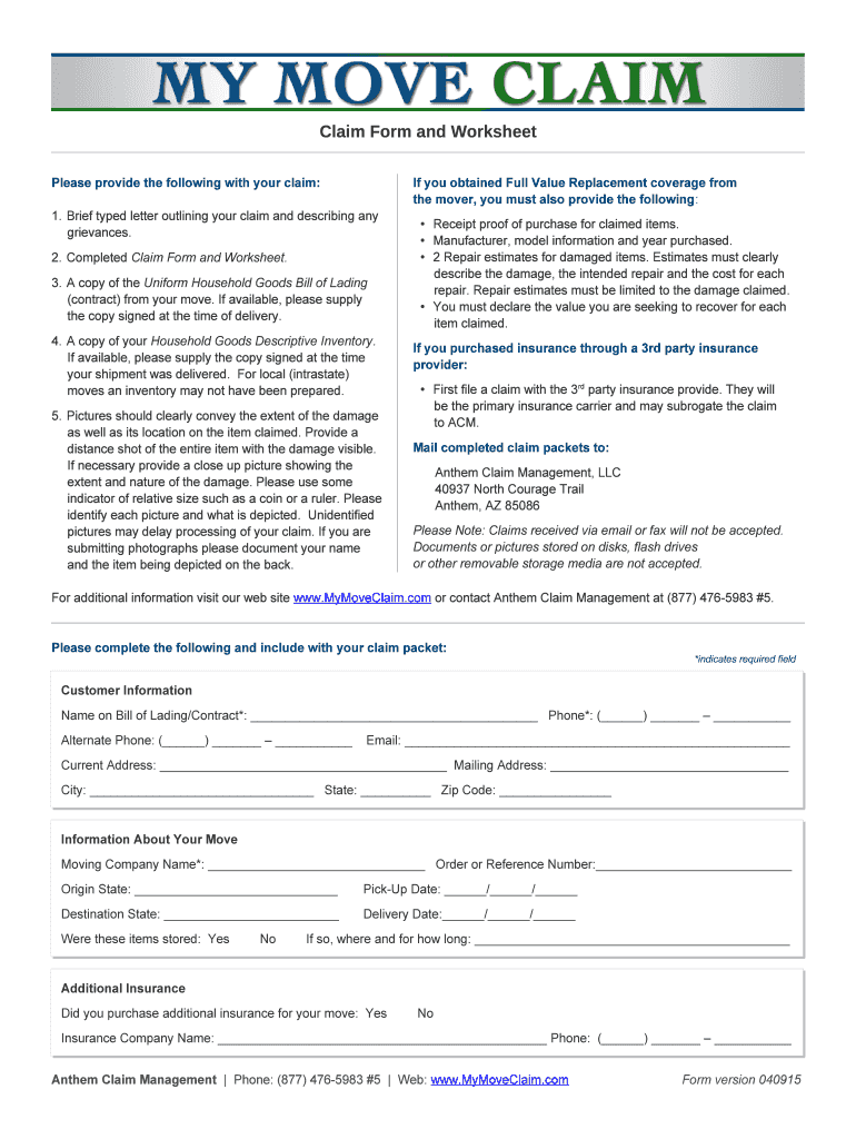 Fillable Online Claim Form and bWorksheetb - My Move Claim Fax Email ...