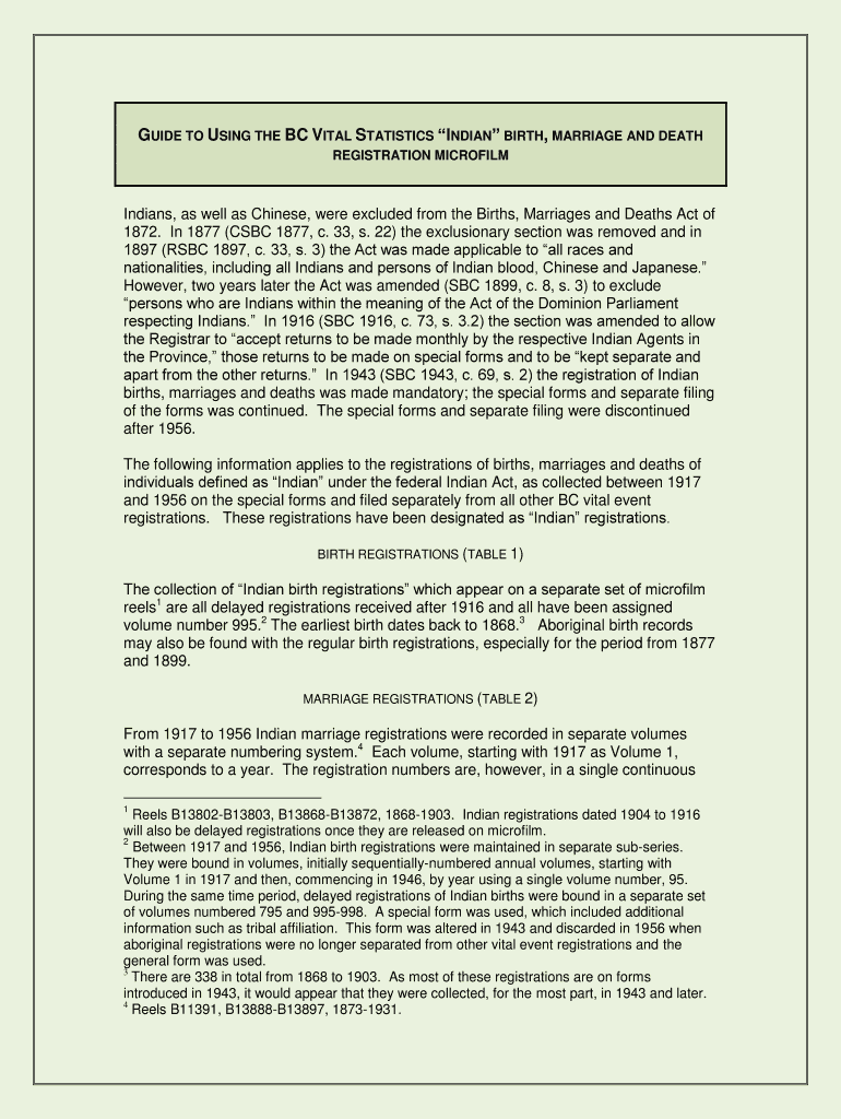 Fillable Online GUIDE TO USING THE BC VITAL STATISTICS INDIAN BIRTH ...