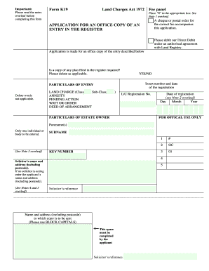 Fillable Online Important bForm K19b Land Charges Act 1972 Fee panel ...
