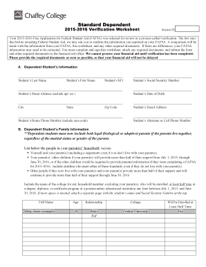 Fillable Online chaffey Standard Dependent 20152016 Verification Worksheet Student ID Your ...