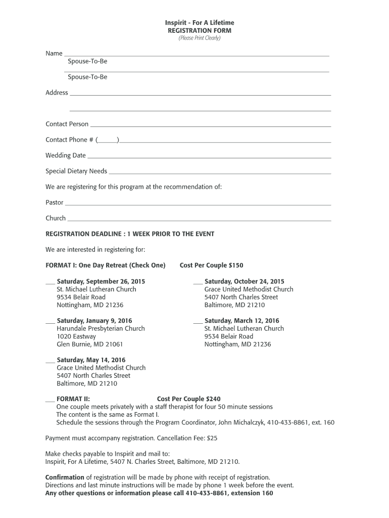 Fillable Online inspiritmaryland Inspirit - For A Lifetime REGISTRATION ...