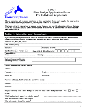 Fillable Online BBlue Badgeb Application Form For Individual Applicants ...
