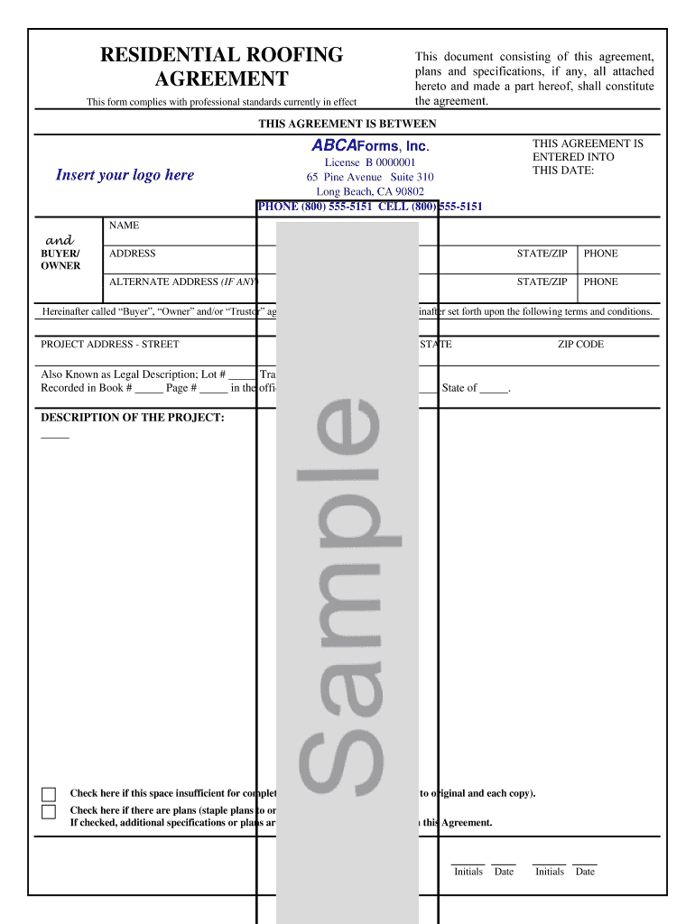 Fillable Online RESIDENTIAL ROOFING AGREEMENT - ABCAForms Fax Email ...