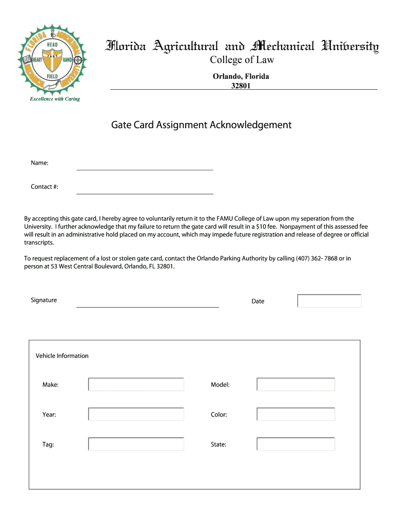 Fillable Online law famu Gate Card Assignment Acknowledgement Fax Email ...