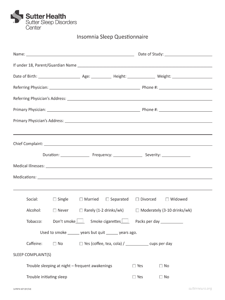 Fillable Online checksutterfirst Insomnia Sleep Questionnaire - Sutter ...
