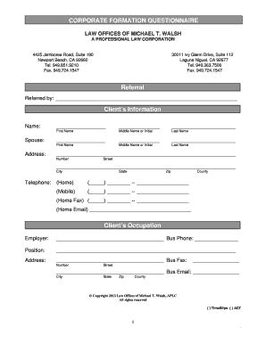 Fillable Online CORPORATE FORMATION QUESTIONNAIRE - walsh-lawfirmcom Fax Email Print - pdfFiller