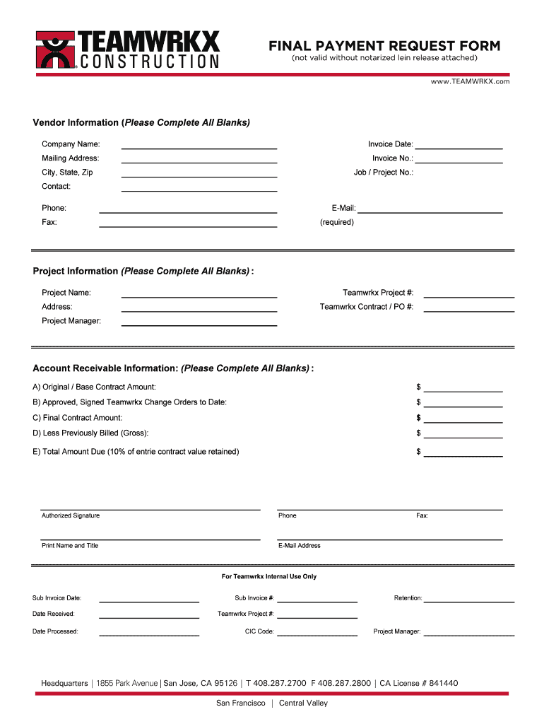 Fillable Online BFINALb PAYMENT bREQUESTb FORM CONSTRUCTION Fax Email ...