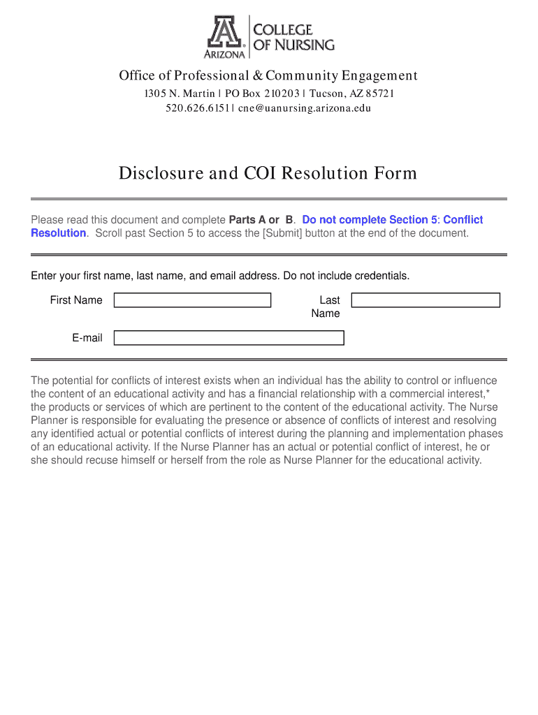 Fillable Online cne nursing arizona Disclosure and COI Resolution Form - UA Continuing Nursing ...