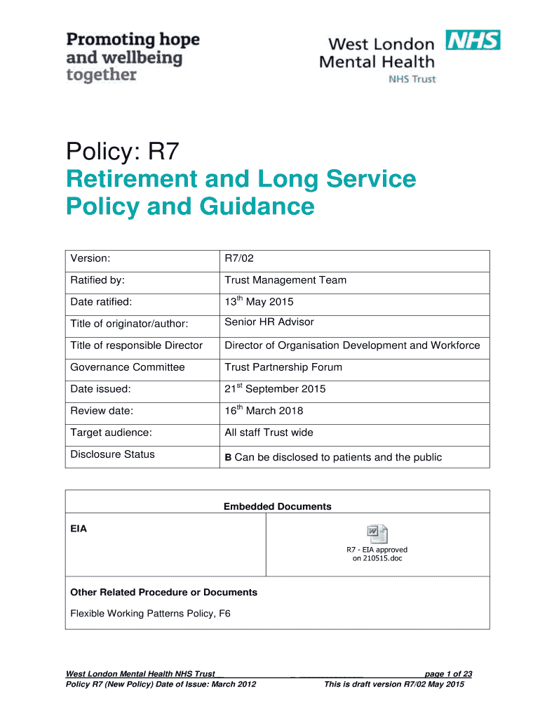 Fillable Online Policy R7 Retirement and Long Service Policy and ...