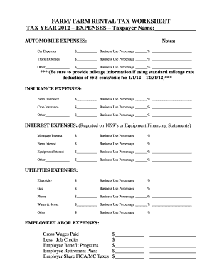 Fillable Online taxquest FARM FARM RENTAL TAX WORKSHEET TAX YEAR 2012 ...