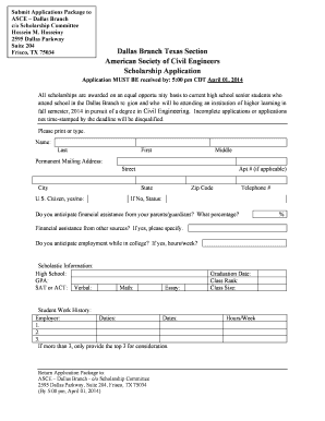Fillable Online tstemblueprint 2014 Dallas ASCE Scholarship Application ...