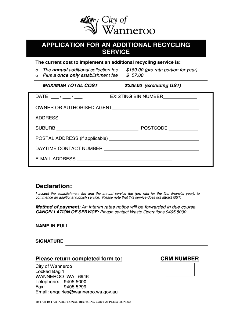 Fillable Online wanneroo wa gov APPLICATION FOR AN ADDITIONAL RECYCLING SERVICE Fax Email Print ...