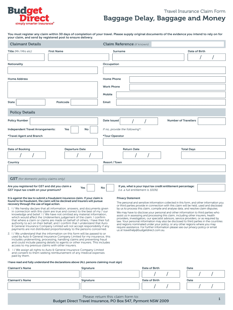 Fillable Online Baggage Delay Baggage and Money - Budget Direct Fax ...