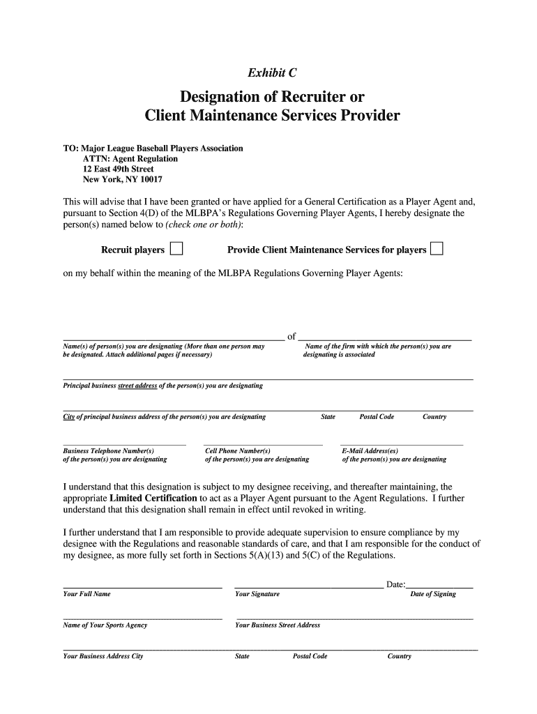 Fillable Online reg mlbpaagent Designation of Recruiter or Client ...