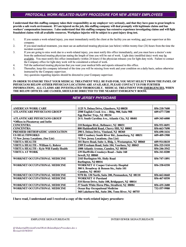 Fillable Online PROTOCALL WORK-RELATED INJURY PROCEDURE Fax Email Print ...