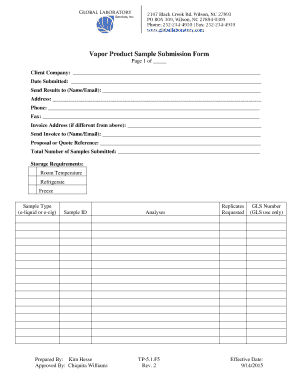Fillable Online Vapor Product Sample Submission Form - GLS - Home Fax ...