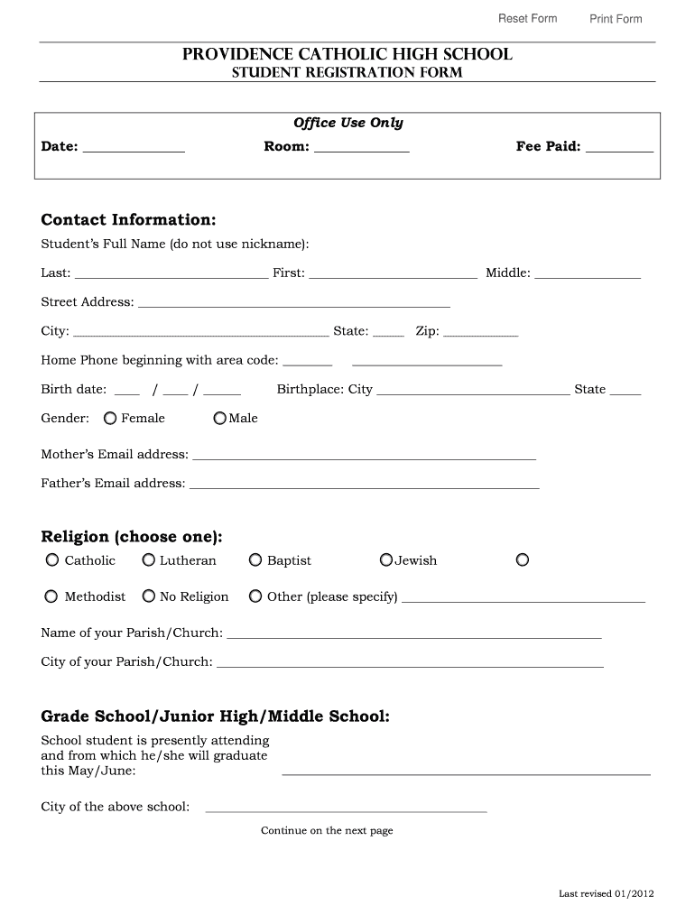 Fillable Online providencecatholic Student Registration Form - Providence Catholic High School ...