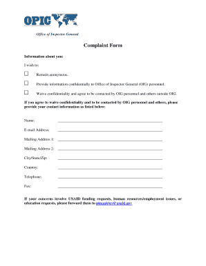Fillable Online OPIC Complaint Form - USAID Office of Inspector General ...