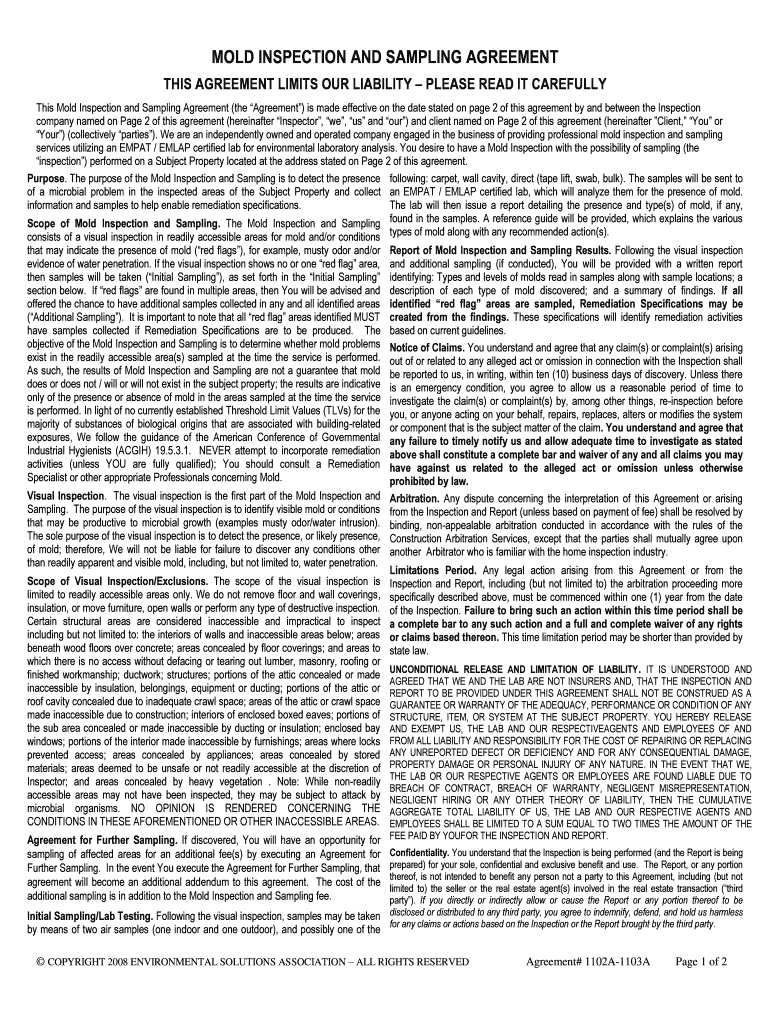 Fillable Online MOLD INSPECTION AND SAMPLING AGREEMENT - bnpiwebcomb ...