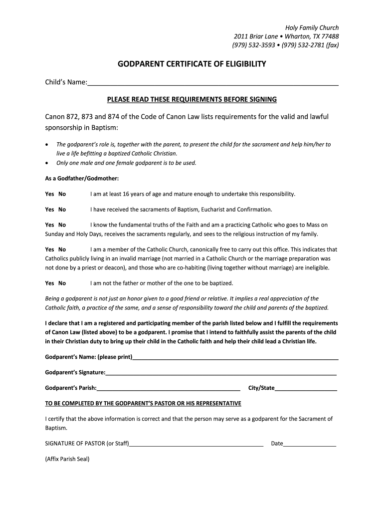 Godparent Letter Of Eligibility Fill Online Printable Fillable 