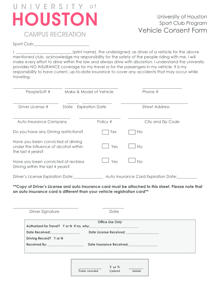 Fillable Online uh Vehicle consent Form - uhedu Fax Email Print - pdfFiller