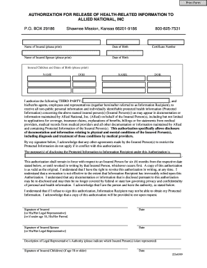 Fillable Online alliednational AUTHORIZATION FOR RELEASE OF HEALTH ...