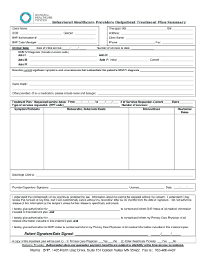 Fillable Online BHP Outpatient Treatment Plan Summary - We Can Help Fax ...