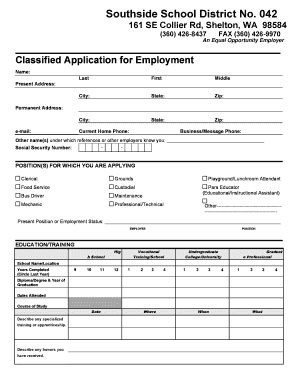 Fillable Online southsideschool Classified Application for Employment ...