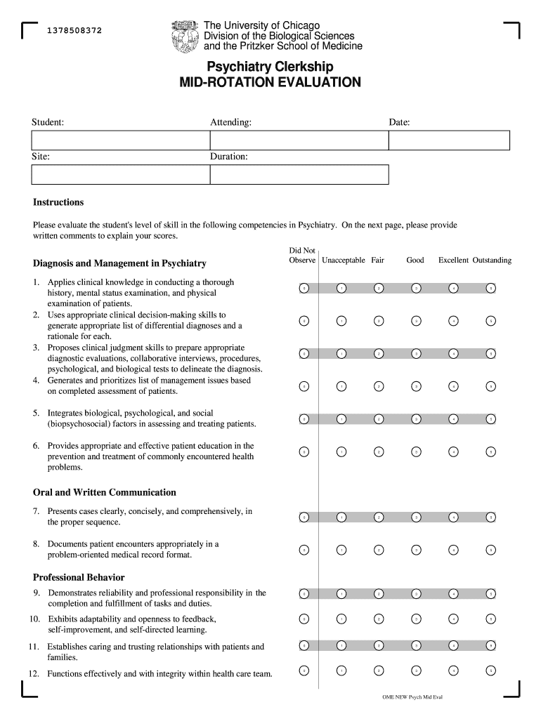 Fillable Online pritzker uchicago Psychiatry Clerkship MID-ROTATION ...