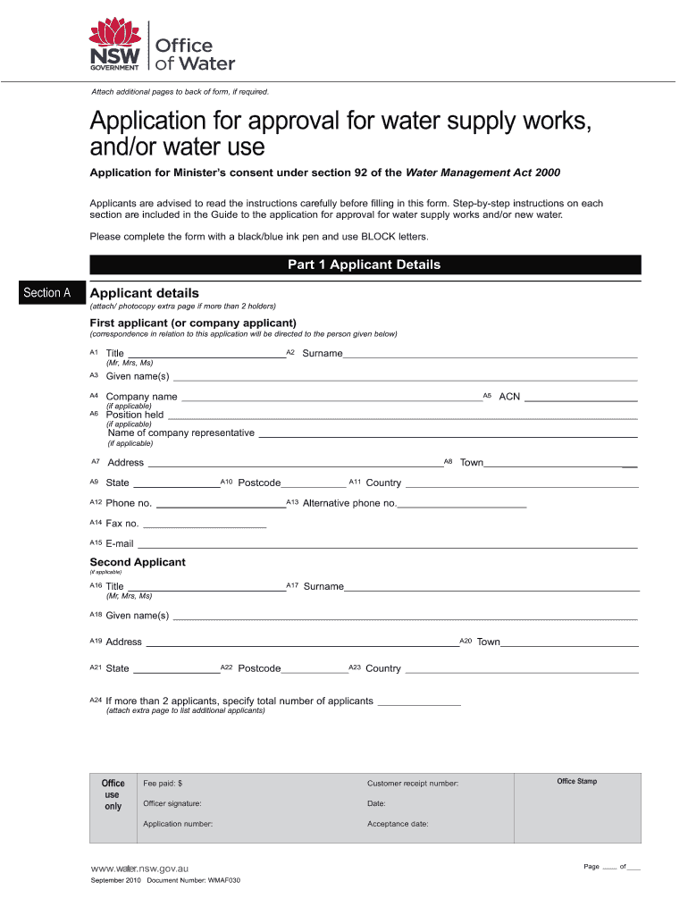 Fillable Online water nsw gov Application for approval for water supply ...