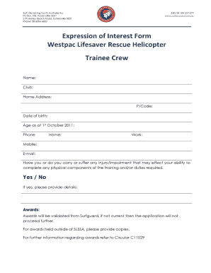 Fillable Online Expression of Interest Form Westpac Lifesaver Rescue ...