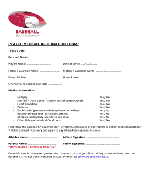 Fillable Online PLAYER MEDICAL INFORMATION FORM - BaseballSA Fax Email Print - pdfFiller