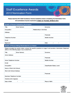 Fillable Online education qld gov Staff Excellence Awards - b2013b Nomination bFormb Fax Email ...