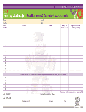 Fillable Online education qld gov Premiers reading challenge 2013 ...