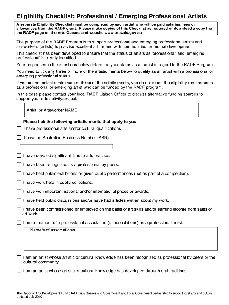 Fillable Online Eligibility Checklist Professional Emerging Fax Email ...