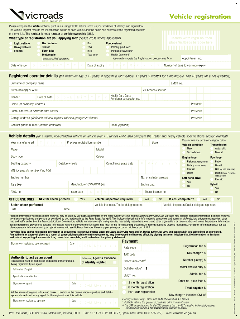Fillable Online VicRoads Vehicle registration Fax Email Print - pdfFiller