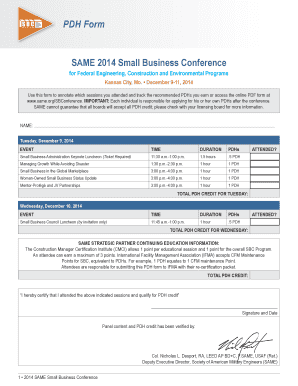 Fillable Online PDH Form SAME 2014 Small Business Conference Fax Email ...