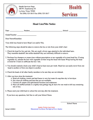 Fillable Online Head LiceNits Notice Fax Email Print - pdfFiller
