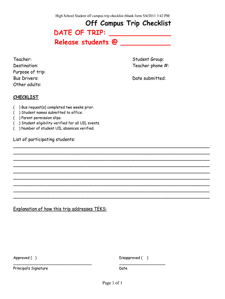 Fillable Online High School Student off campus trip checklist blank ...